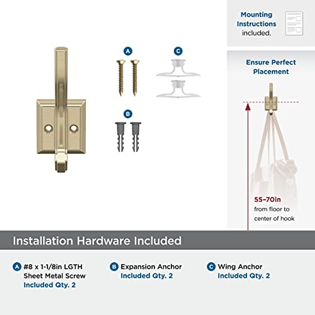 Amerock H37005BBZ | Aliso Double Prong Decorative Wall Hook | Golden Champagne Hook for Coats, Hats, Backpacks, Bags | Hooks for Bathroom, Bedroom, Closet, Entryway, Laundry Room, Office