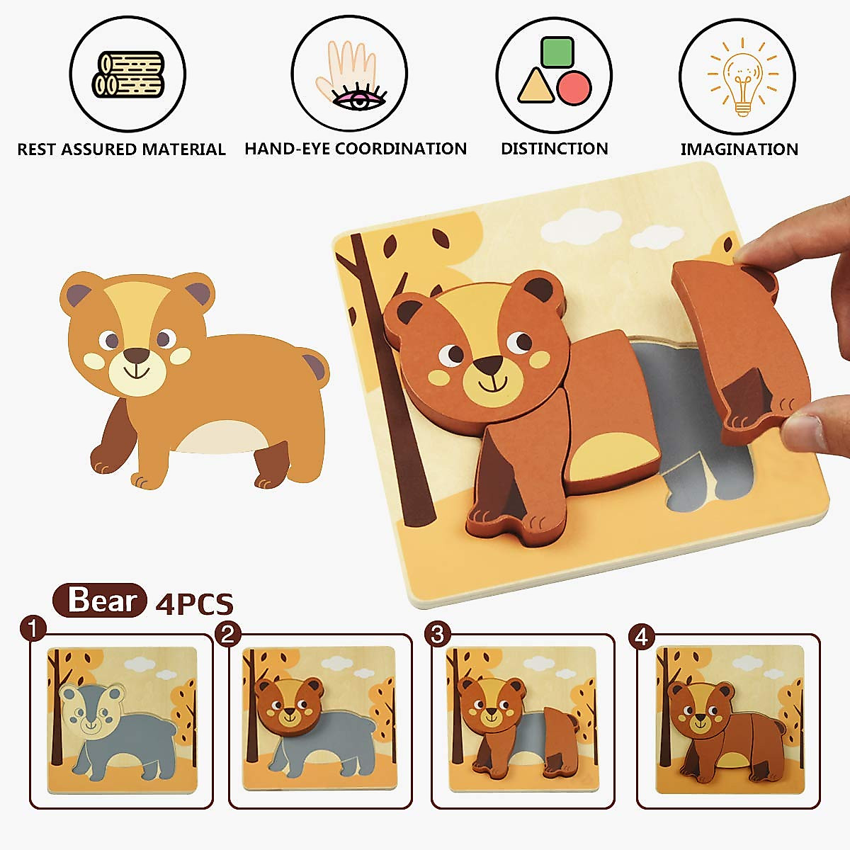 GYBBER&MUMU Wooden Thickened Animal Puzzle Toy Set Panda Deer Owl Duck Fox Puzzle Toy Hand-Eye Coordination Intellectual Toy Set for Preschool (Bear)