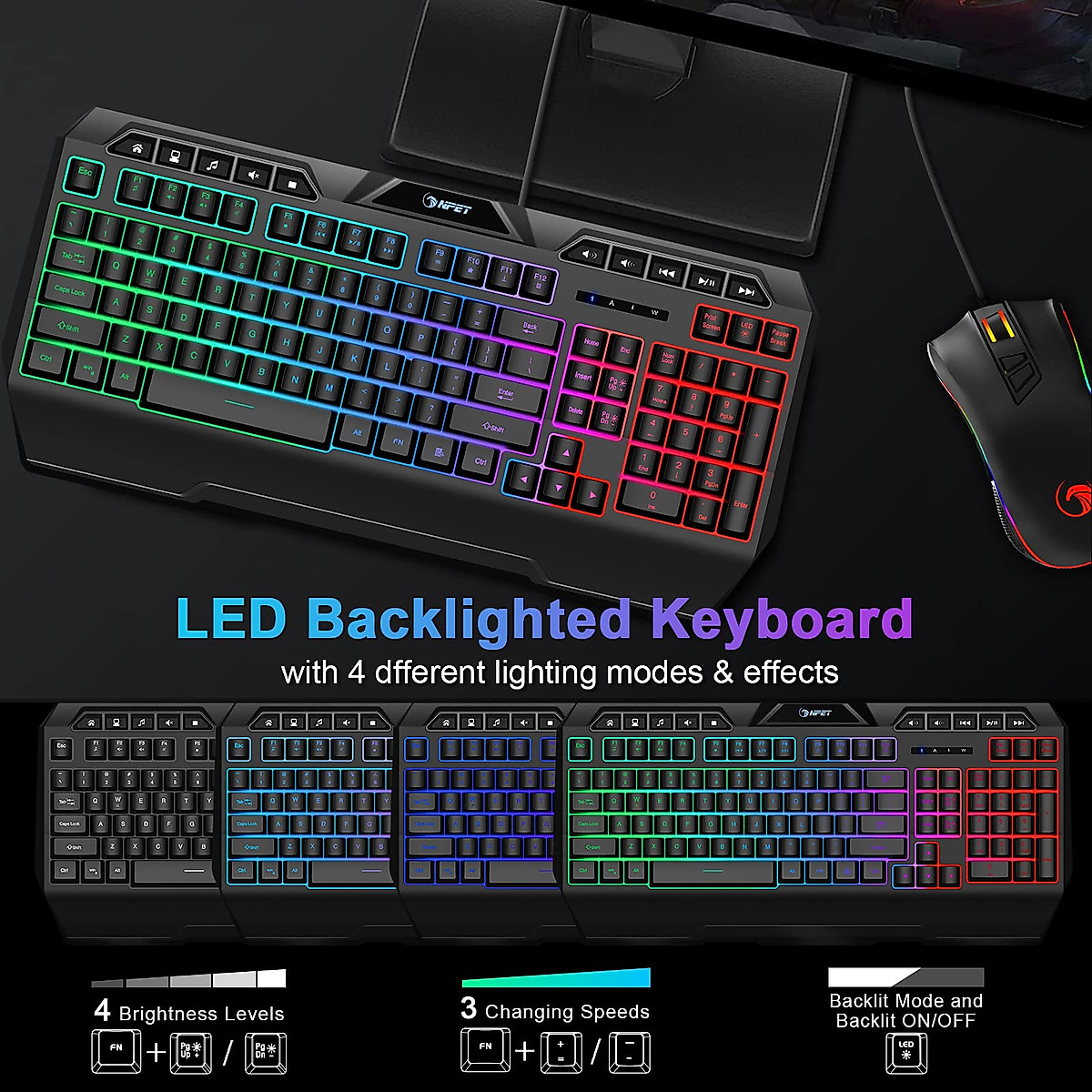 NPET K31 Gaming Keyboard, Wired LED Backlit Computer Keyboard with 10 Dedicated Multimedia Keys, USB Ergonomic Wrist Rest Mechanical Feeling Keyboard for Windows/Desktop/Computer/PC