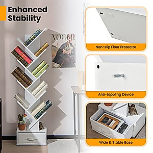 Giantex Tree Bookshelf with Drawer, 10 Shelf Space Saving White Wooden Bookcase, Freestanding Retro Wood Storage Rack, Decorative Bookshelf with Storage