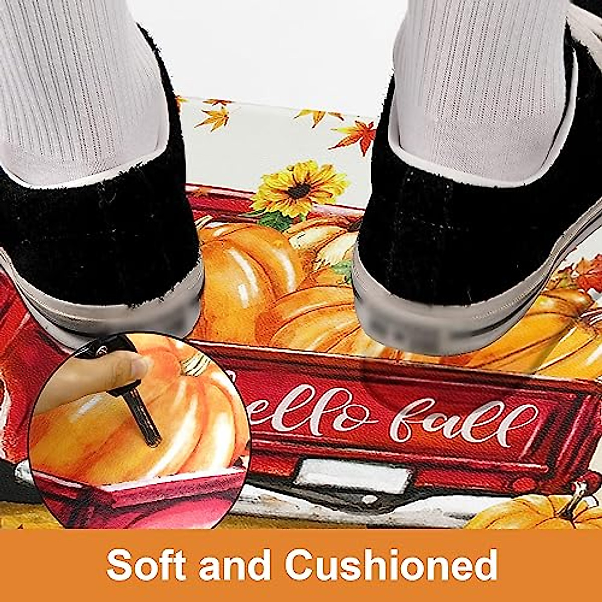 Ileading Fall Thanksgiving Kitchen Anti Fatigue Mat Set of 2 A Truck Full of Pumpkins Non Slip Cushioned Kitchen Sink Floor Mats Waterproof Foam Comfort Standing Runner Rug Holiday Home Decorations