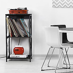 YBING Record Player Stand Record Player Table with Charging Station 3-Tier End Table with Storage Vinyl Record Storage Stand with Divider Nightstand for Living Room Bedroom Office, Black