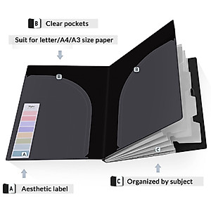 SKYDUE Accordion File Organizer, 5 Pocket Expanding File Folders with Pockets, Document Organizer, Portable Paper Organizer，School Office Supplies Black