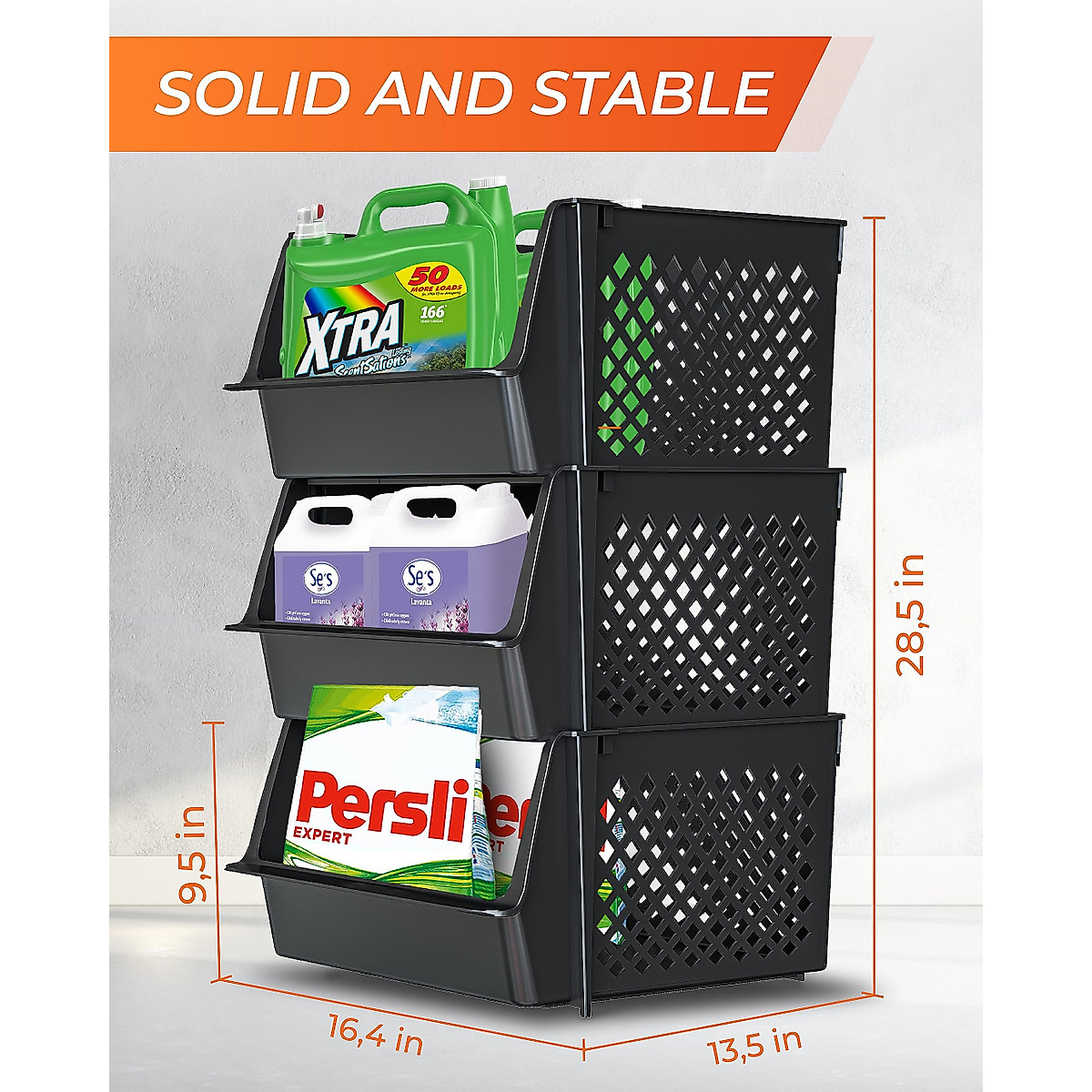 Skywin TidyFriend Large Plastic Stackable Storage Bins for Pantry Black - 3-Pack, Large Stackable Bins For Organizing Food, Kitchen, and Bathroom Essentials (Rhombus)