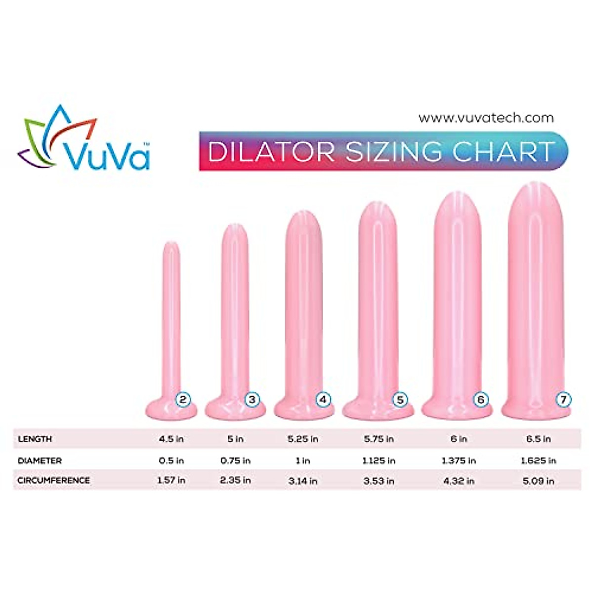 Six Longer Sizes VuVa Dilators Made in USA BPA Free Set with Instructions and Travel Pouch - Set of 6