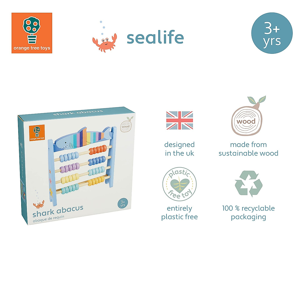 Orange Tree Toys Shark Wooden Abacus | Hand Painted Colorful Wooden Educational Puzzle Toy for Toddlers 3+, Sustainably Made, Perfect for Learning Math and Practicing Counting