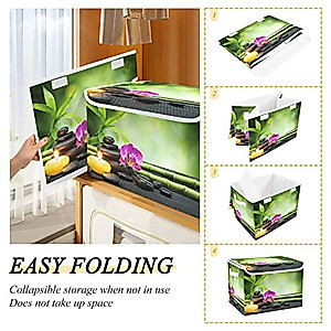 innewgogo Bamboo Mat with Flower Stone Storage Bins with Lids for Organizing Foldable Storage Bins with Handles Oxford Cloth Storage Cube Box for Bed Room