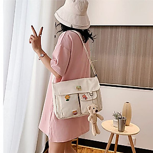 PRAGARI Canvas Crossbody Bag Messenger Cute Bag with Pins and Pendant for Women Girls Casual Shoulder Aesthetic School bag