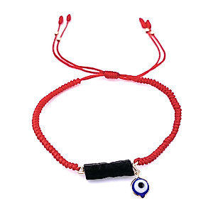 LESLIE BOULES Red Thread Genuine Azabache Hand Bracelet with Small Blue Evil Eye Connector Handmade Jewelry