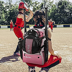 Girls Baseball Bag, Youth Baseball Backpack, Bat Bag for Baseball, T-Ball & Softball Equipment, Baseball Bat Backpack Girls with Helmet Holder, Shoes Compartment and Fence Hook Holds Helmets, Shoes, Bat, Glove (Pink)
