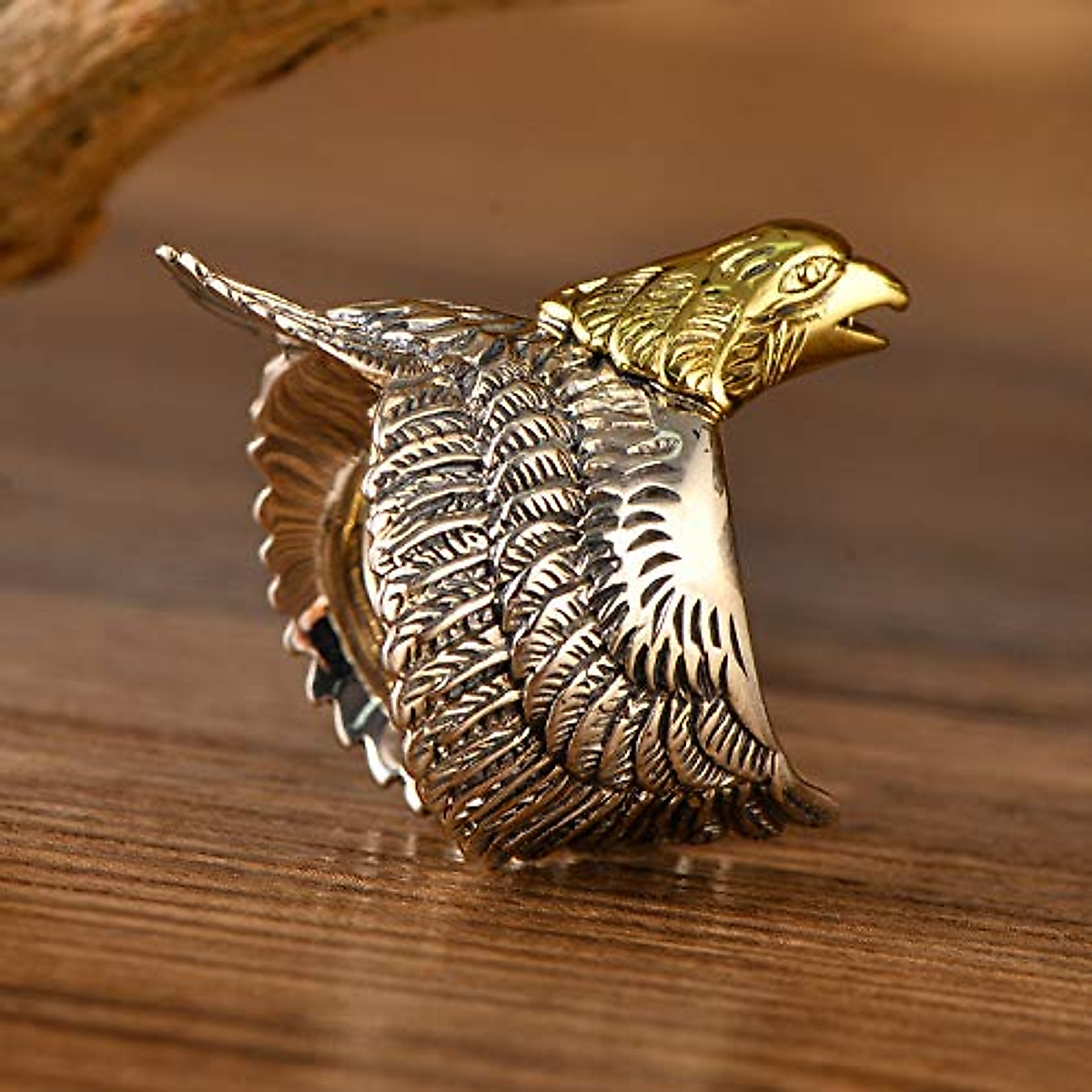 Two Tone Flying Eagle Ring with Golden Head Vintage 925 Sterling Silver Hawk Ring for Men Women Open Adjustable