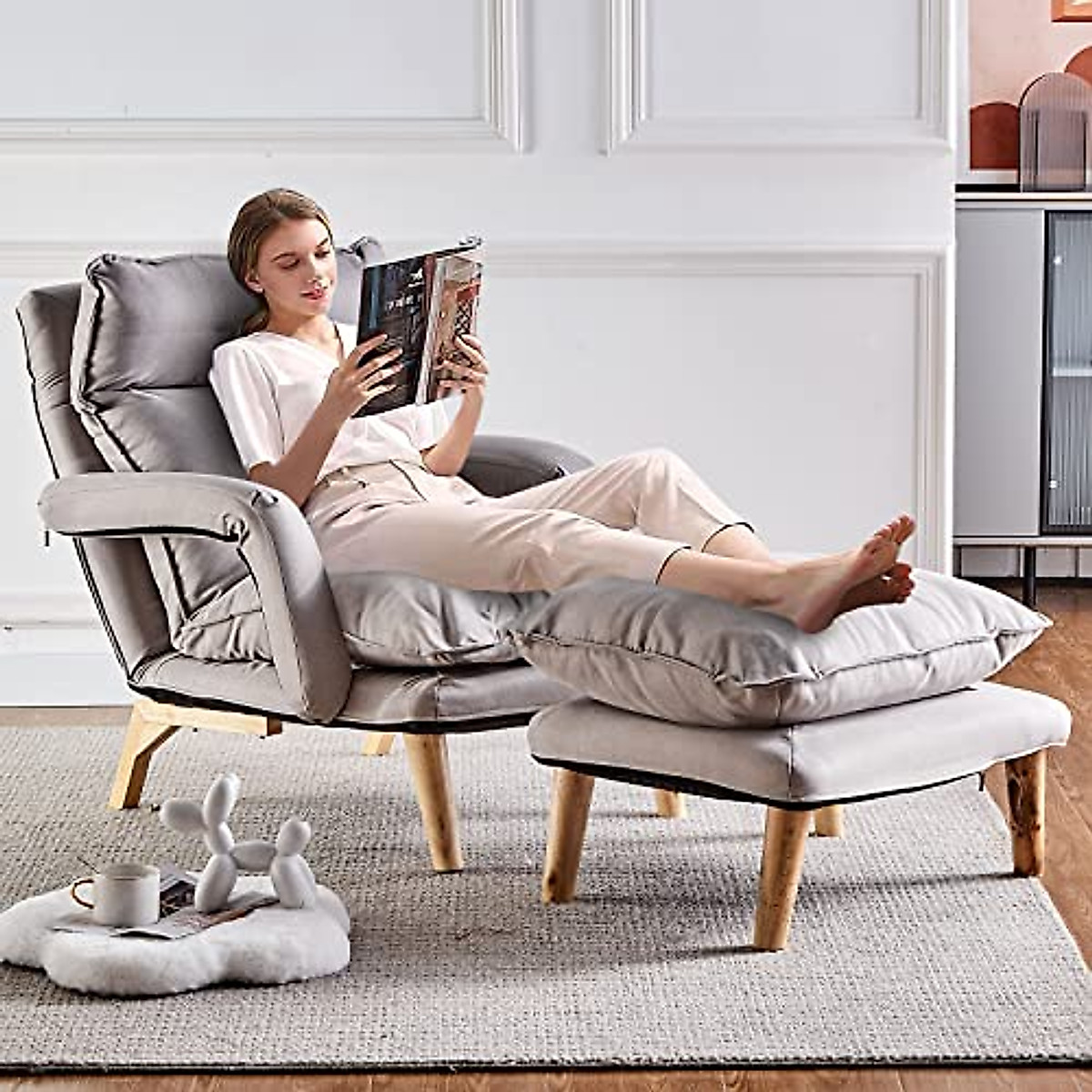 CLIPOP Modern Living Room Accent Chair with Ottoman, Comfy Linen Armchair with Adjustable Backrest(5 Angles), Solid Wood Legs, Leisure Upholstered Single Sofa Chair with Footrest,Grey