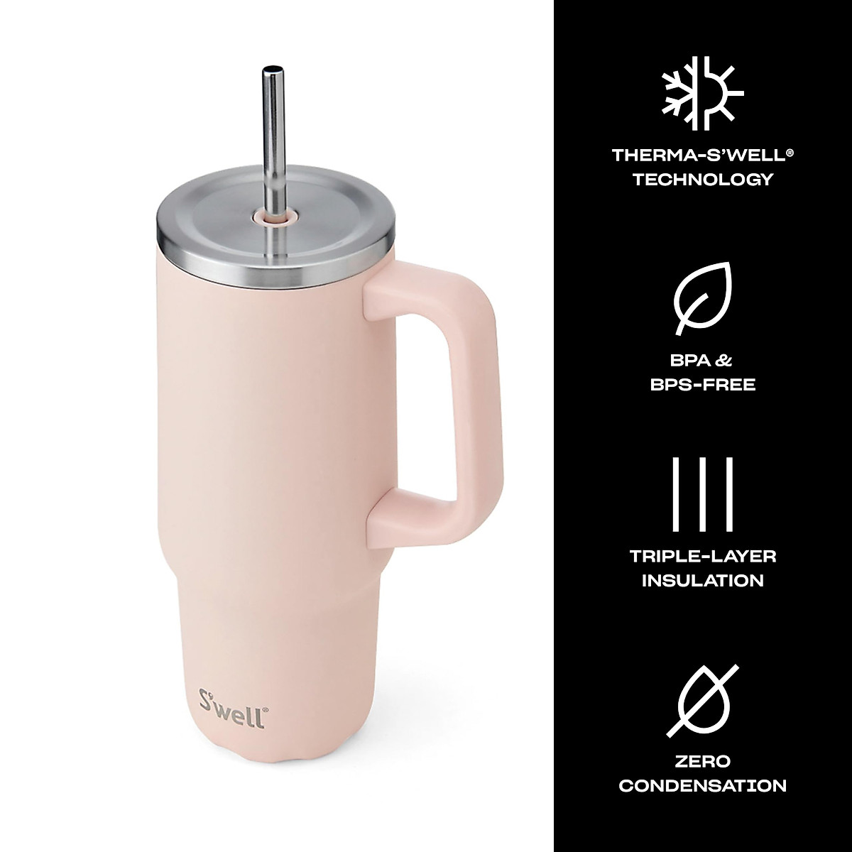 S'well Recycled Stainless Steel Tumbler XL with Straw and Handle, 30oz, Himalayan Salt, Triple Layered Vacuum Insulated Containers Keeps Drinks Cold for 36 hours and Hot for 9