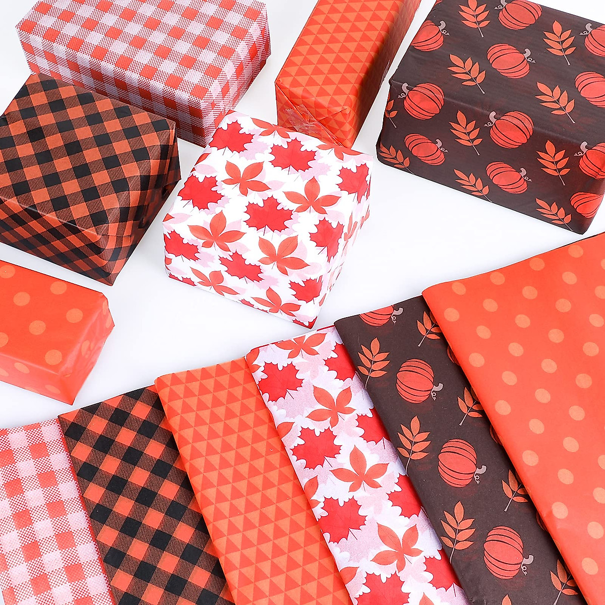 Konsait Thanksgiving Wrap Paper, 120 Sheet Fall Autumn Tissue Paper for Gift Wrapping, Maple Leaves Buffalo Plaid Polka Dot Pumpkin Prints Crafts Paper for Harvest Birthday Festival Bags Party Pompom