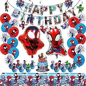 Spidey and His Amazing Friends Birthday Decorations, Party Supplies Set Include Banner, Balloons, Hanging Swirls, Cake Cupcake Toppers, Tablecloth for Boys Girls Spidey Theme Party