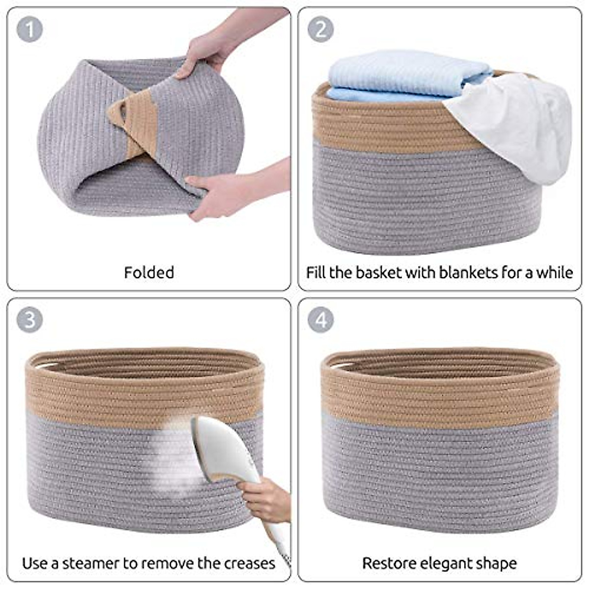 YOUDENOVA Rope Basket for Storage, Woven Storage Basket Bins, Set of 3, Nursery Basket for Toys, Throws, Makeups, Brown & Grey