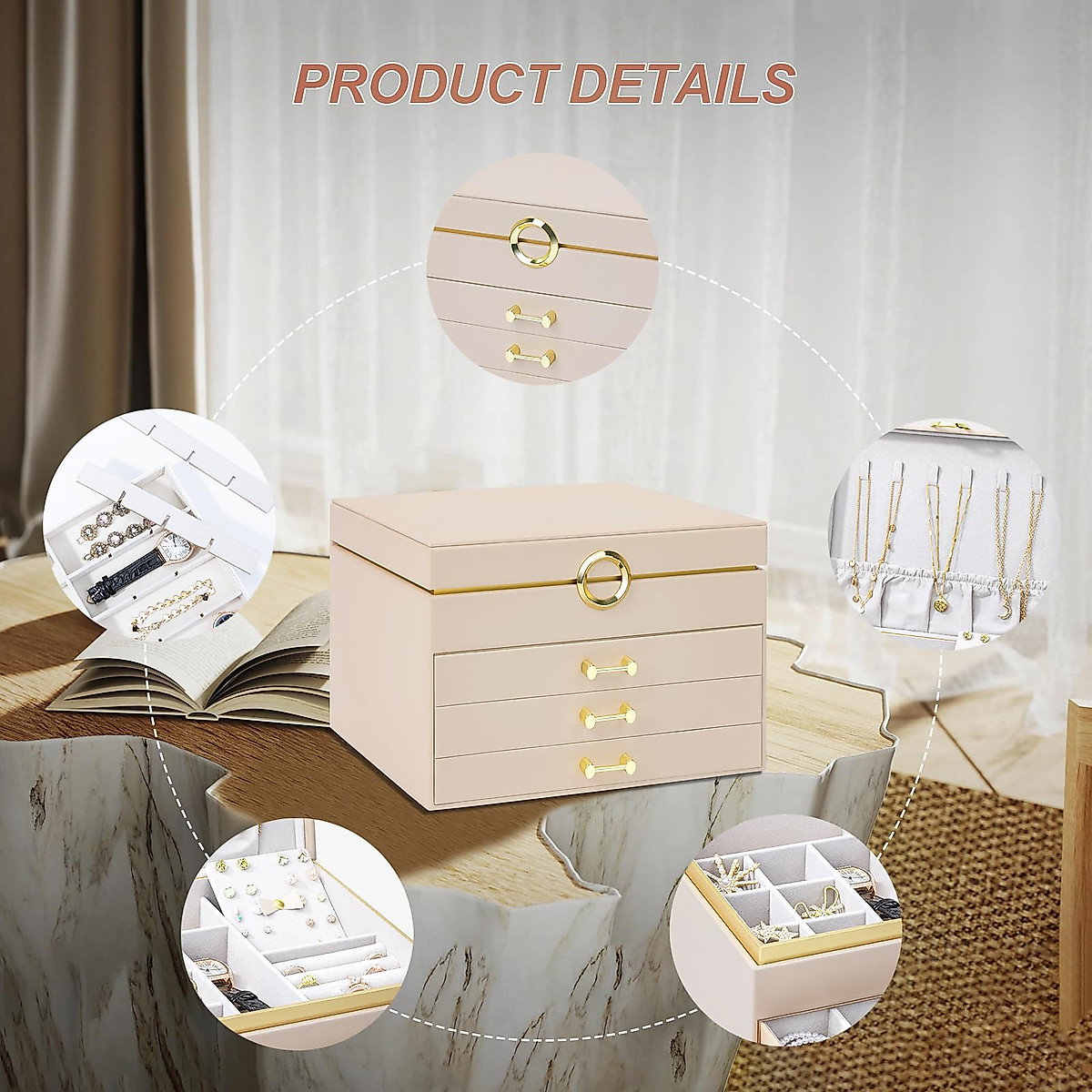 V-LAFUYLIFE Jewelry Box for Women,4-Layer Leather Jewelry Holder Organizer with 3 Drawers Large Jewelry Storage Boxes, Lots of Storage Space For Ring,Necklace,Bracelets,Earring（White）