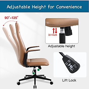 TUOFU Office Chair, Adjustable Height PU Leather Home Office Executive Chair, High-Back Modern Computer Desk Chair with Rolling Casters (Brown)