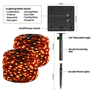 Orange Lights, 2 Packs Each 66 Feet 200 LED Solar Fairy Lights, Halloween Lights Outdoor with 8 Modes, Waterproof Twinkle Fall Lights for Patio Yard Trees Party, Black Wire
