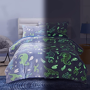 HOMBYS Glow in The Dark Comforter Set 7 Piece Full with Sheets, Blue Dinosaur Velvet Bedding Comforter Sets for Twin Bed, Ultra Soft Down Alternative Comforter for Boys Kids, Bed in a Bag