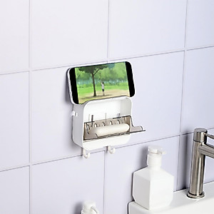 RAMFIYN White Plastic Wall Mounted Soap Saver for Shower with Hanger for Bath Ball, Adhesive Wall Mount Self Draining Soap Dish for Bathroom Flip-top Soap Box