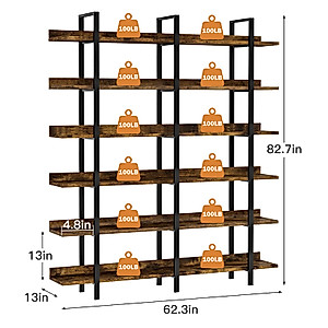 FRAPOW 83Inch Industrial Bookshelf and Bookcase, Double Wide 6 Tier Large Vintage Book Shelf with Metal Frame Open Bookshelves for Living Room Home Office