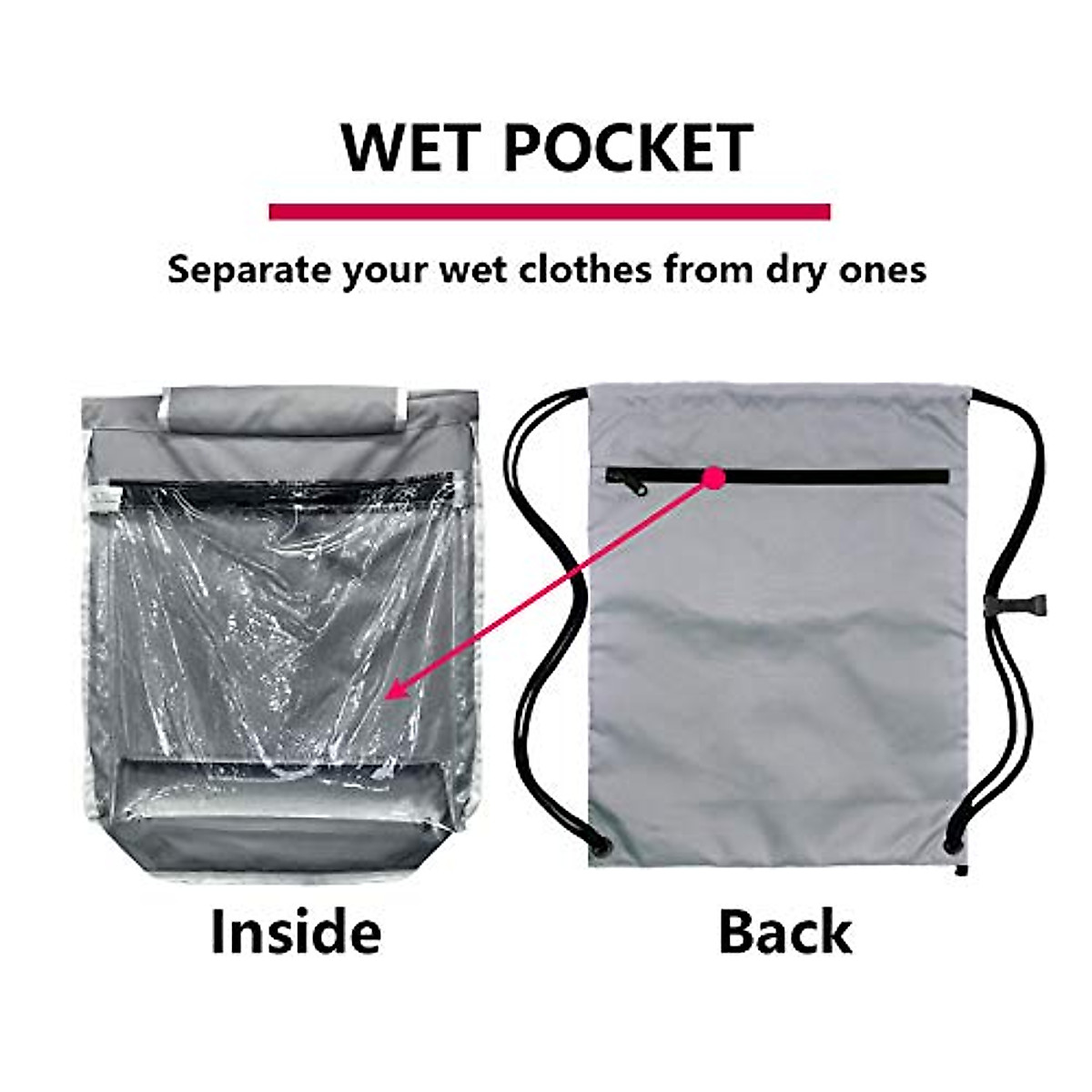 HOLYLUCK Packable Drawstring Sackpack Wet Pocket with Zipper and Water Bottle Mesh Pockets (Grey)