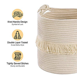 Woven Cotton Rope Farmhouse Storage Basket - 3 Pack 11 Inches Round Cube Decorative Organizer Bins with Cute Handles for Dog Toy, Clothes - Baby Girls Boys Nursery Decor