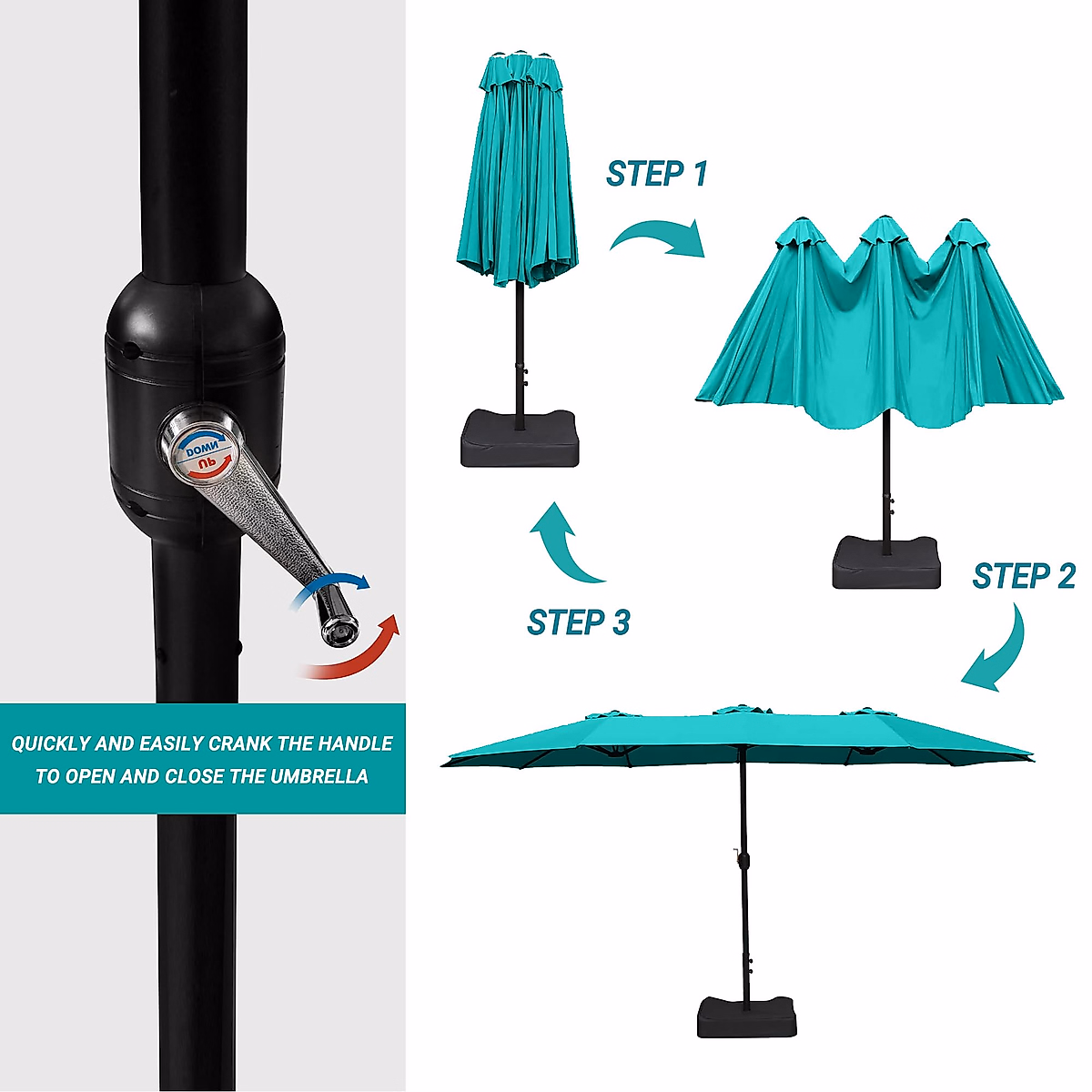 Bigroof 15ft x 9ft Patio Double-Sided Umbrella with Base & Crank, Extra Large Rectangular Outdoor Umbrella for Patio, Lawn & Garden, Beige (Turquoise)