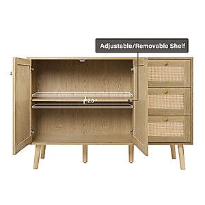 Anmytek Rattan Sideboard Buffet Cabinet with 2 Doors and 3 Drawers, Buffet Cabinet with Storage Wood Credenza Storage Cabinet for Living Room Dining Room Hallway Kitchen, Natural Oak H0088