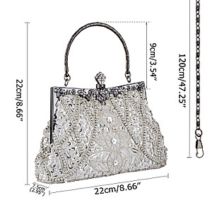 Fashion Vintage Style Handbag Beaded Sequined Evening Bag Wedding Party Handbag Rhinestone Clutch Purse (Silver)