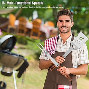 RINPIR 31pcs Stainless Steel BBQ Grill Accessories Set for Men Dad, Heavy Duty Grilling Tools for Outdoor Camping, BBQ Utensils Kit with Mats, Grill Brush in Carrying Bag Brown