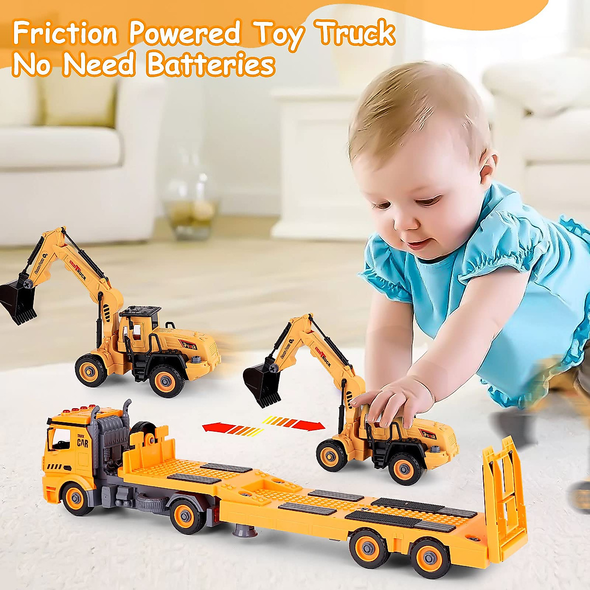 106 PCS Take Apart Trailer Truck & Excavator Toy Set with Electric Drill for 3-7 Year Old Boys and Girls - Friction Power Building Toy Truck Gift for Kids