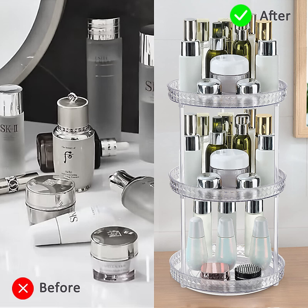KSDSOAM 3 Tier 360 Rotating Makeup Organizer and Storage,Skincare Organizers Cosmetic Display Case Perfume Holder Rotating Tray Storage Carousel for Vanity Bathroom Organizer Countertop（Clear）