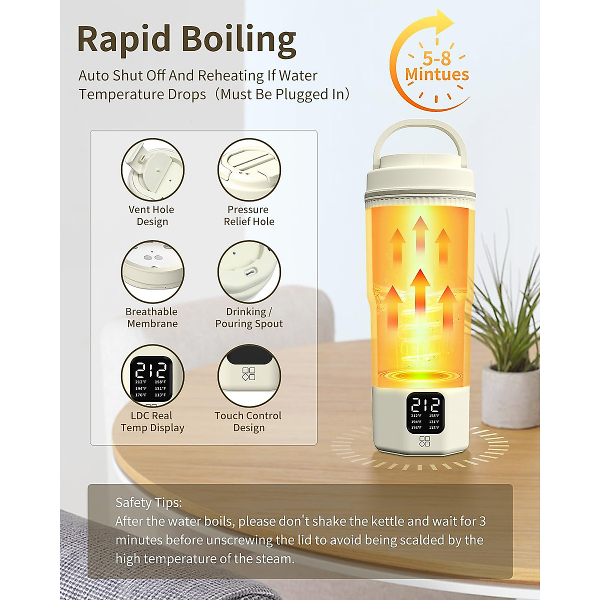 Travel Electric Kettle, 450ml/15.2oz & 316 Stainless Steel Mini Portable Coffee Tea Kettle with 6 Temperature Settings, 100V-240V Small Water Boiler, Auto Shut-off, Boil Dry Protection, BPA-Free