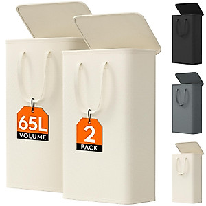 Lifewit 65L Slim Laundry Hamper, Small Laundry Basket with Lid, Dirty Narrow Collapsible Clothes Storage with Easy Carry Extended Handles, Tall Hampers for Bedroom Laundry Room, White, 2 Packs