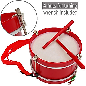 Tunable Marching Drum for Kids - Wooden Frame - Plastic Head, Wood Sticks - Adjustable Strap - 9-inch Snare Drum for Children