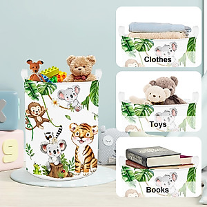 Clastyle 45L Large White Jungle Animals Elephant Kid Laundry Hamper with Handle Collapsible Lion Koala Giraffe Clothes Toy Storage Basket with Lid for Nursery