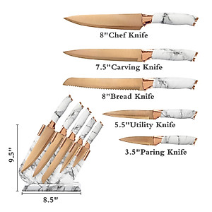 Knife Set Non Stick, Champagne Gold Knives Set with Acrylic Storage Block, 6 Pieces Sharp Knife Set, Stainless Steel Beautiful White Marbling Handle Rainbow Blade Kitchen Knife (Champagne Gold Blade)