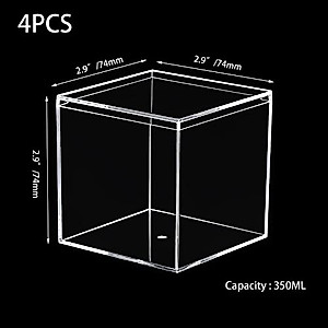 Tighall 4PCS Clear Acrylic Square Cube Organizer Plastic Boxes for Display Box with Lid for Sugar,Nut,Yogurt,Beads,Office Supply, Gift box, 2.9"/74mm