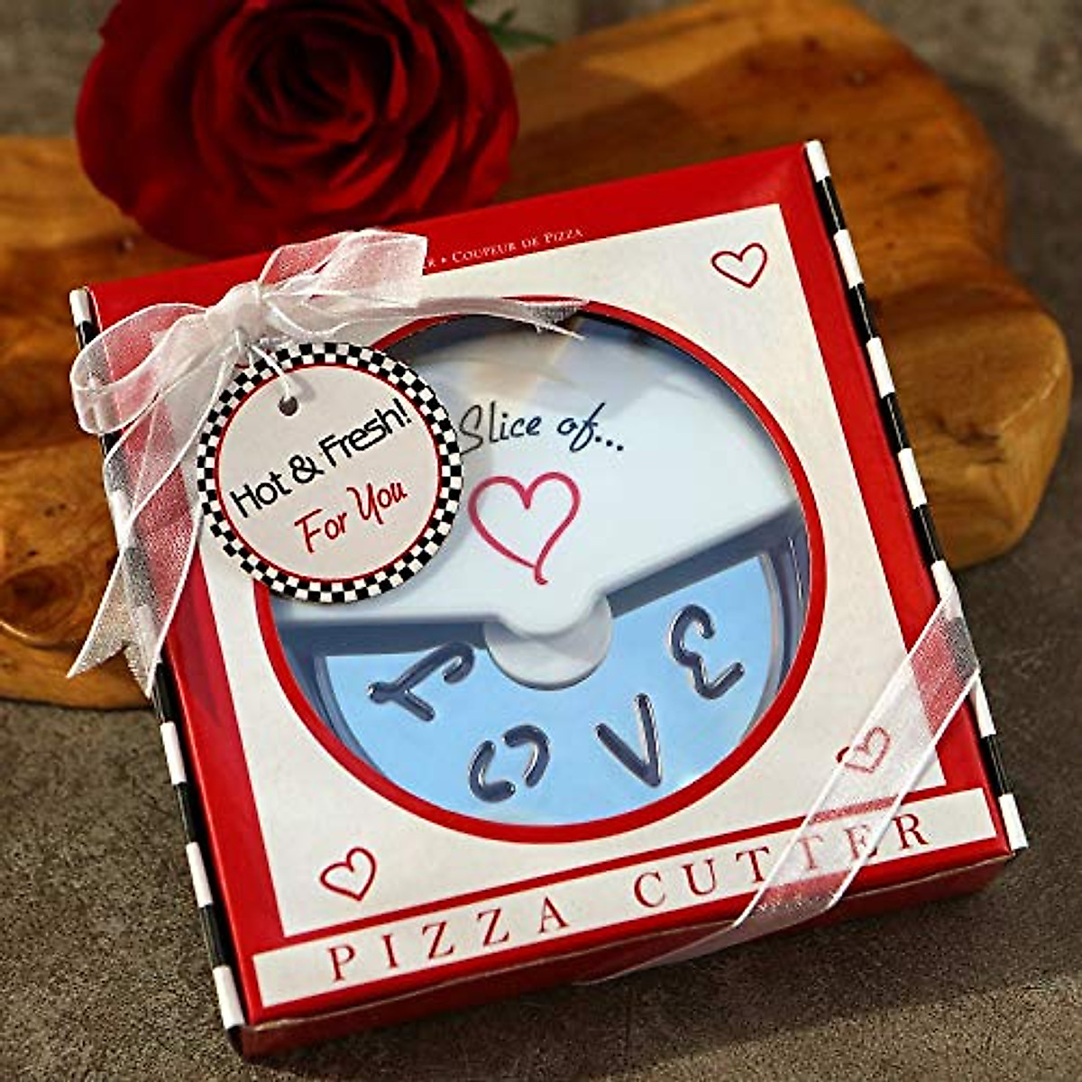 Kate Aspen "A Slice of Love" Stainless Steel Pizza Cutter Wheel in Miniature Pizza Box, Wedding Favor, Bridal Shower Favor, Stocking Stuffers, Guest Prizes