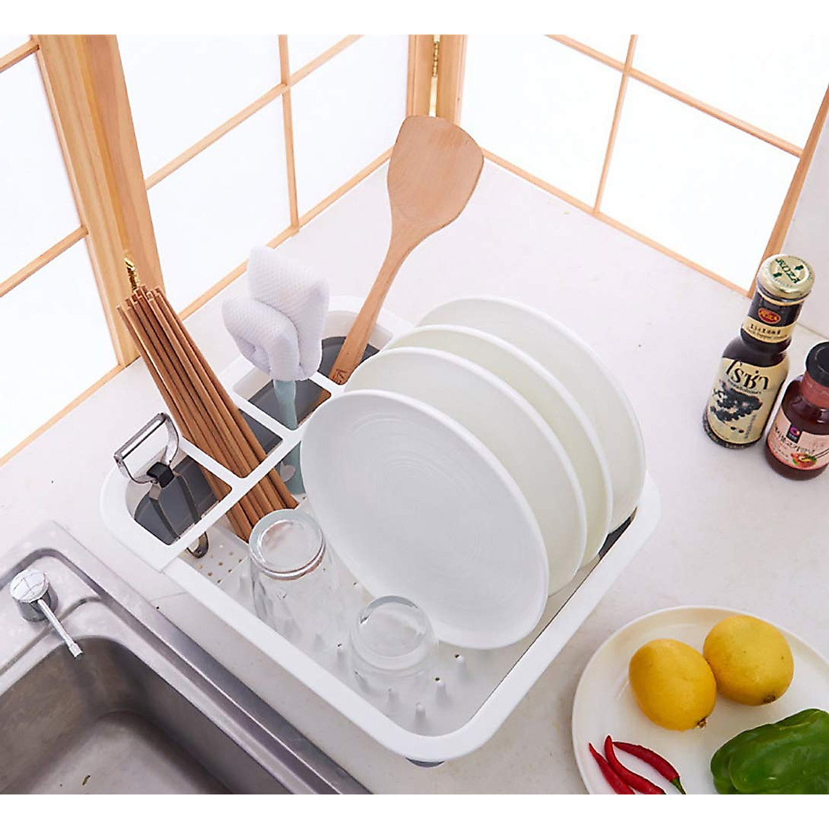 Ahyuan Collapsible Dish Drying Rack Portable Dinnerware Drainer Organizer for Kitchen RV Campers Travel Trailers Space Saving Kitchen Storage Rack Tray (Normal)