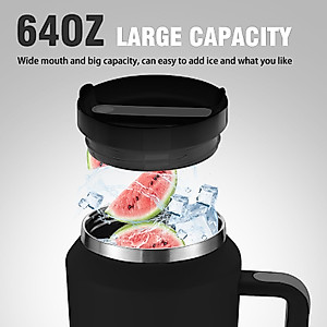 PlanetFlame 64oz Insulated Tumbler with Handle, Stainless Steel Double Wall Vacuumn Water Bottle, Lid and Straw for School, Gym, Hiking & Camping, Black