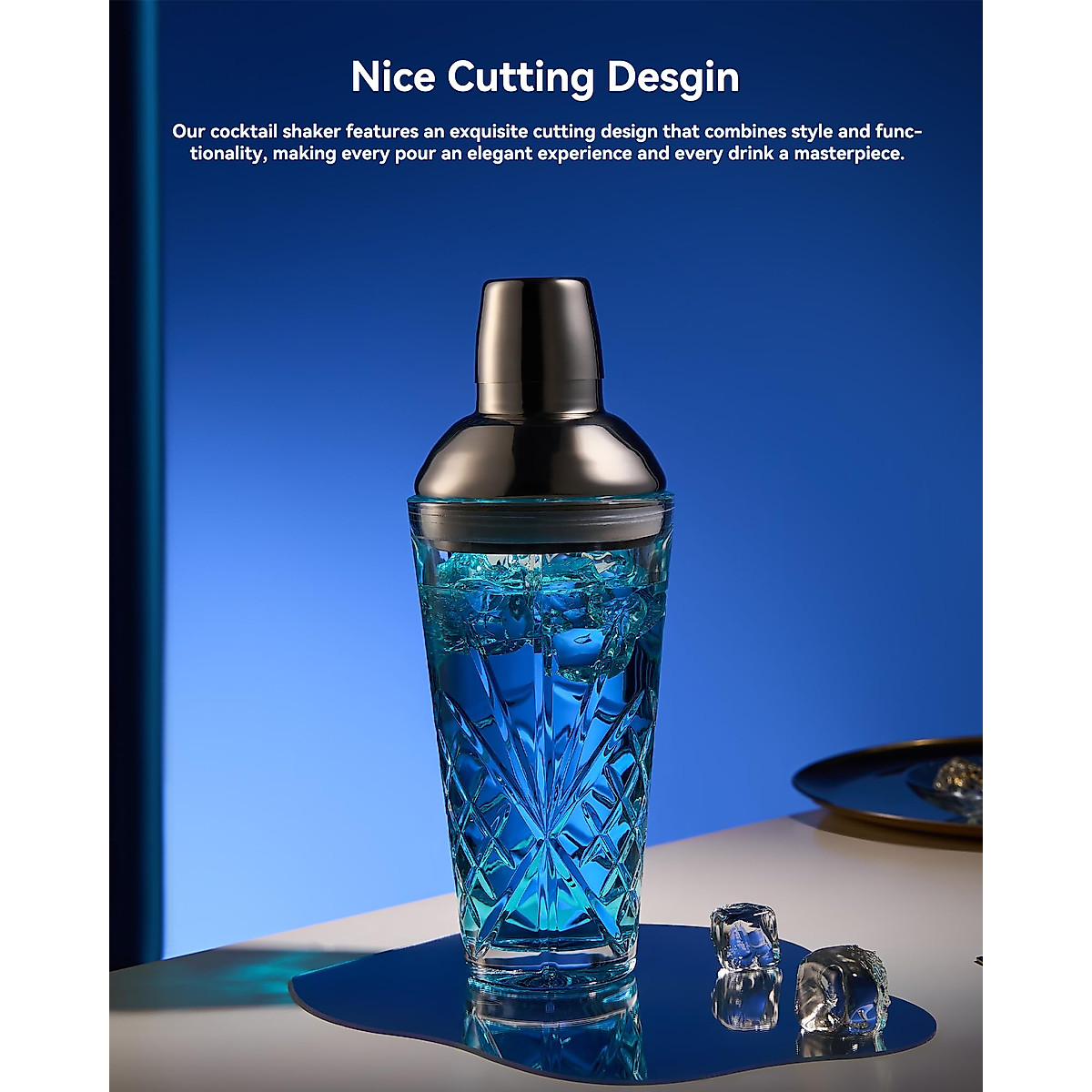 Fioance Glass Cocktail Shaker, 18.5oz Cutting Desgin Glass Shaker - Exquisite Martini Shaker for Elevated Mixology. Perfect for Crafting Artisan Cocktails, Martinis