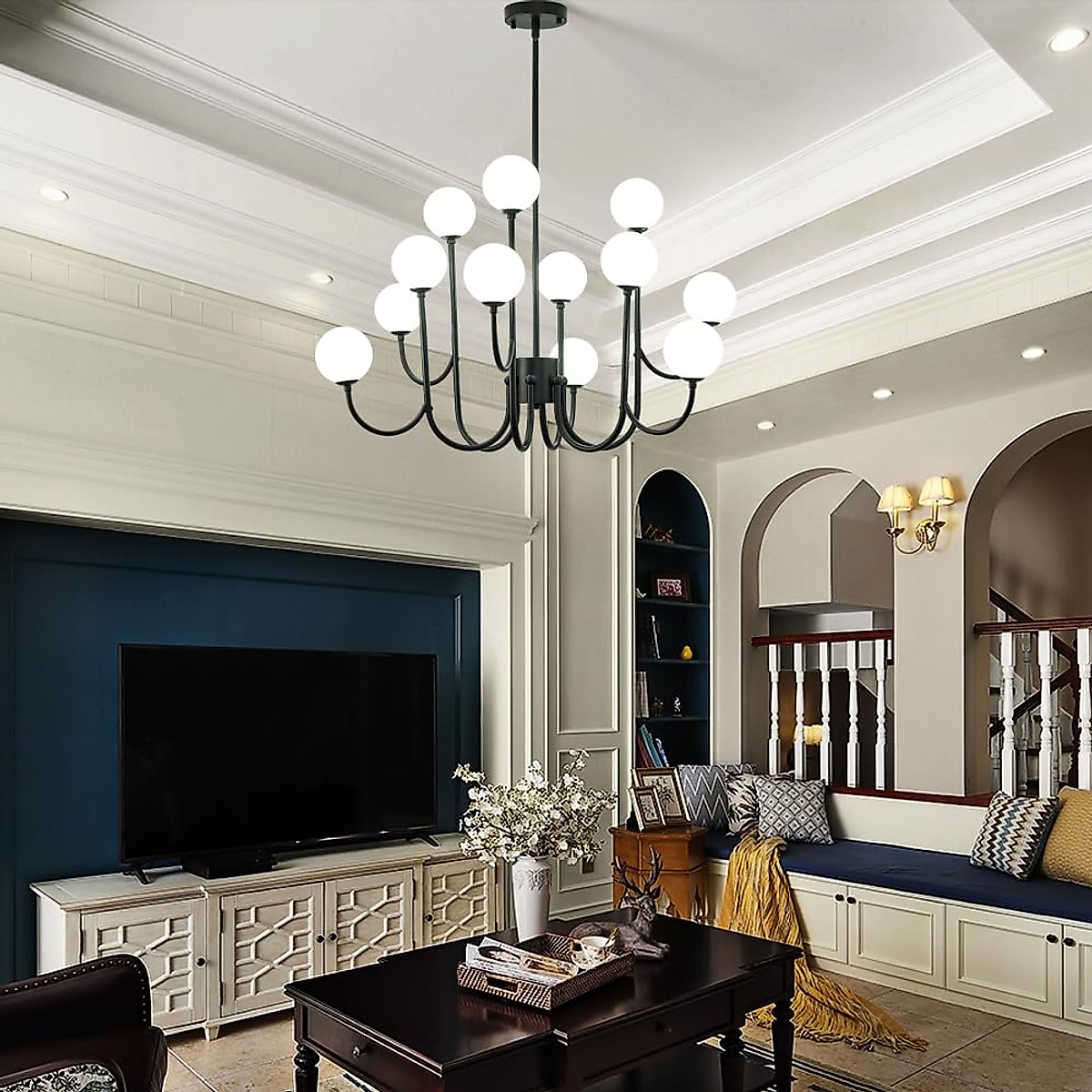 QUOOBE Modern Mid Centur Black 12 Light Chandeliers with Glass Globe,Large Sputnik Metal Ceiling Pendant Light Fixture for Living Room Dining Room Bedroom Kitchen Staircase Office