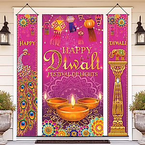 Diwali Decorations for Home, 3pcs Diwali Door Decorations Happy Diwali Banner, Indian Diwali Peacock Elephant Porch Sign, Deepawali Decorations Festival for Door Wall, Diwali Door Decor