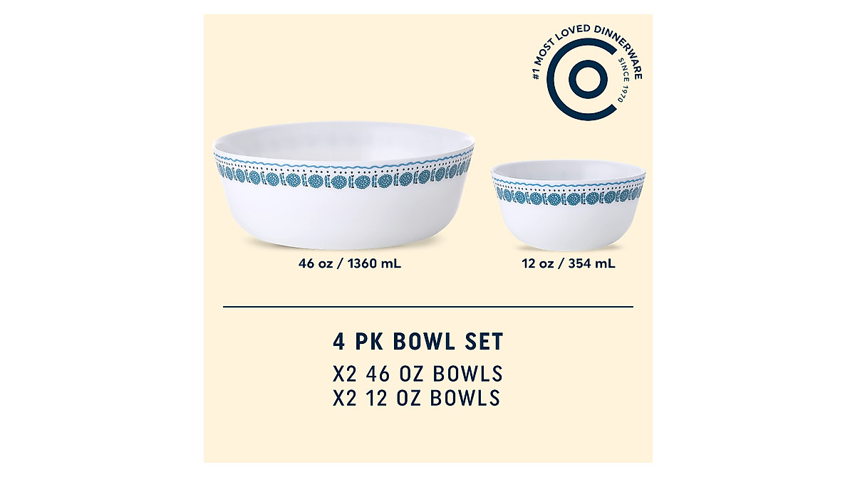 Corelle ED Bowl Set 4pk Azure Medallion - Durable & Space-Saving Bowls