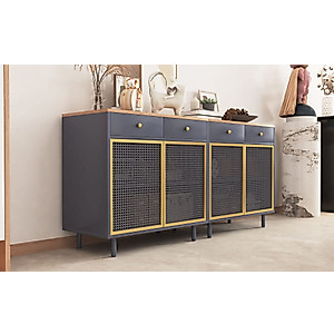 ORRD Modern Buffet Sideboard Cabinet, Iron Rattan Kitchen Accent Storage Cabinet Console Television Table with 2 Doors and 2 Drawers, Buffet Cabinet Accent Cabinet for Living Room Bedroom (Blue)