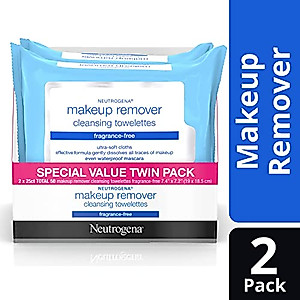 Neutrogena Makeup Remover Cleansing Face Wipes, Daily Cleansing Facial Towelettes to Remove Waterproof Makeup and Mascara, Alcohol-Free, Value Twin Pack, 25 Count, 2 Pack