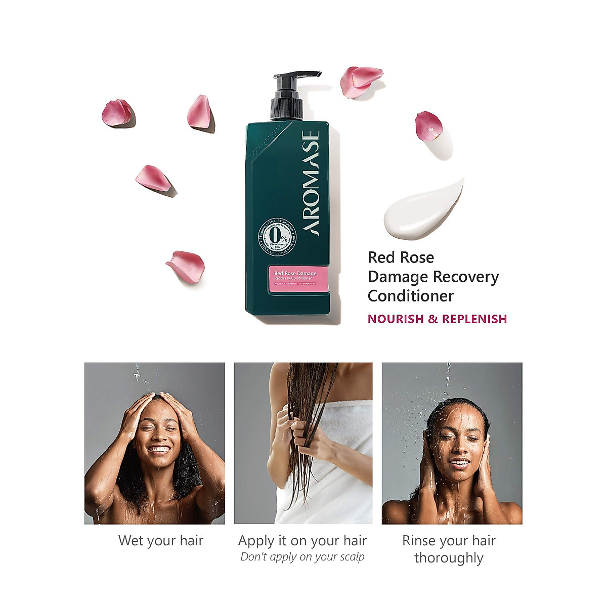 Aromase Red Rose Damage Recovery Conditioner, DAMASK ROSE OIL Detangles Frizzy Hair, CLEAN RINSE, JOJOBA OIL Deep Hydrate Moisturizer, LINOLENIC ACID Strengthen Hair Strands